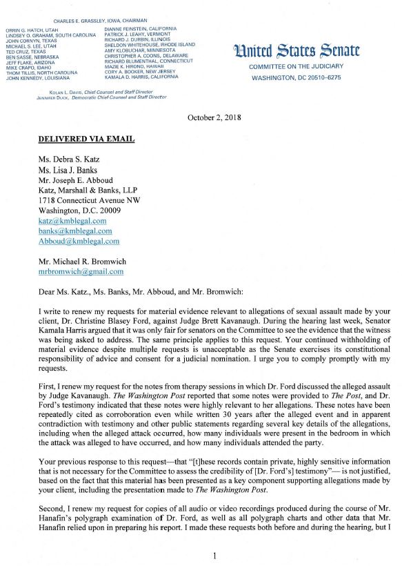 Grassley: Judiciary Comm has evidence of Christine Blasey Ford ...