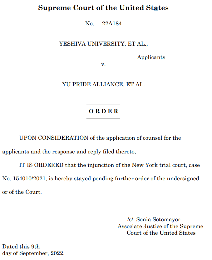 Justice Sotomayor Stays NY State Court Order Forcing Yeshiva University ...
